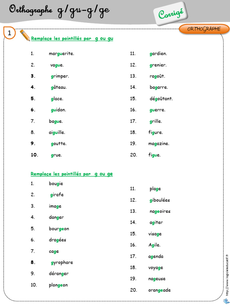 Exercices d'orthographe g/gu-ge à imprimer | PDF