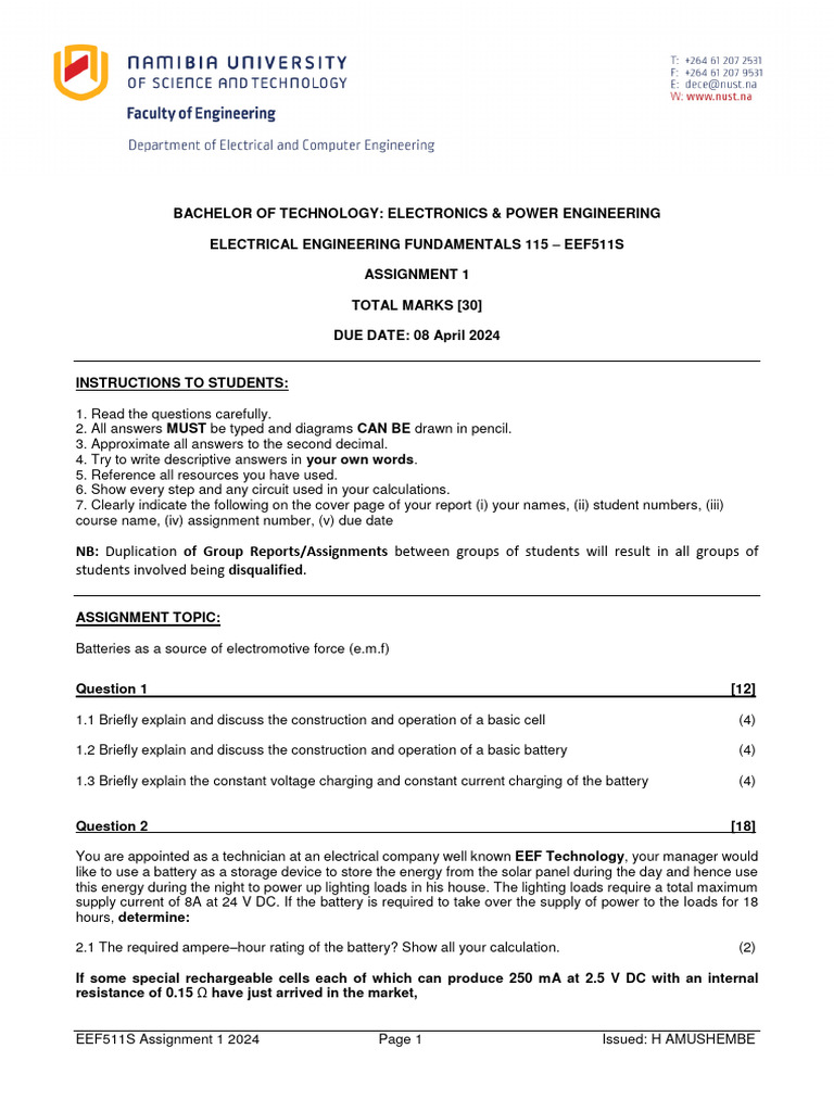 EEF511S Assign 1_2024 | PDF | Electrical Network | Physical Quantities