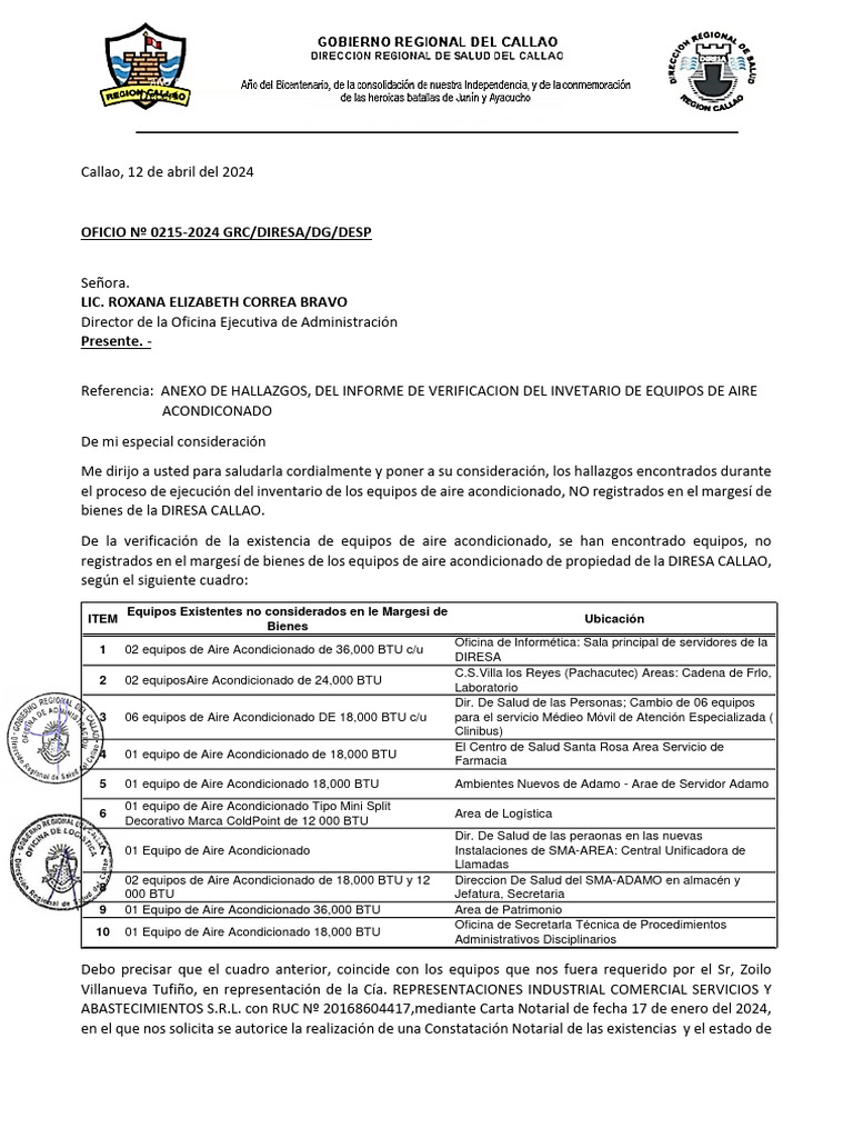 Oficio Diresa Callao Inventario de Aire Acondicionado | PDF