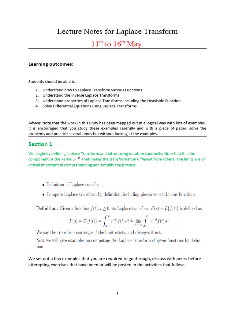 Laplace Transform Lecture Notes | PDF | Laplace Transform | Function ...