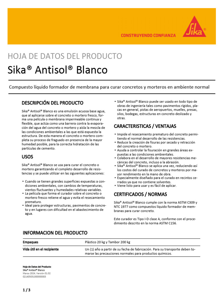 Sika Antisol Blanco | PDF | Hormigón | Mortero (Albañilería)