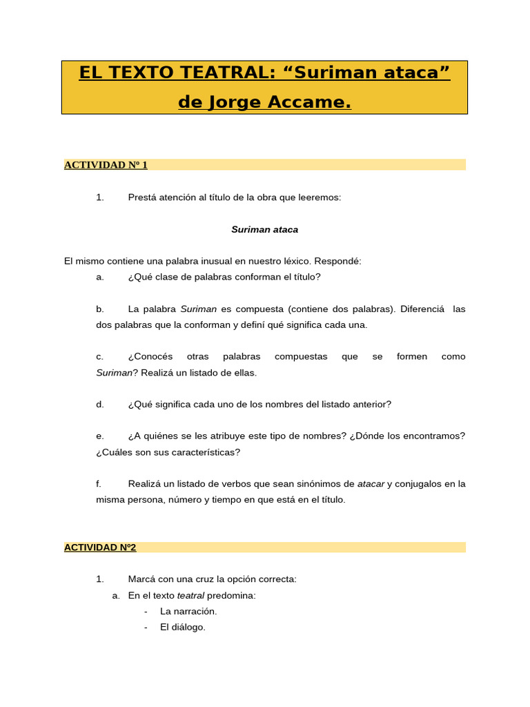ACTIVIDAD - EL TEXTO TEATRAL - "Suriman Ataca" de Jorge Accame | PDF ...