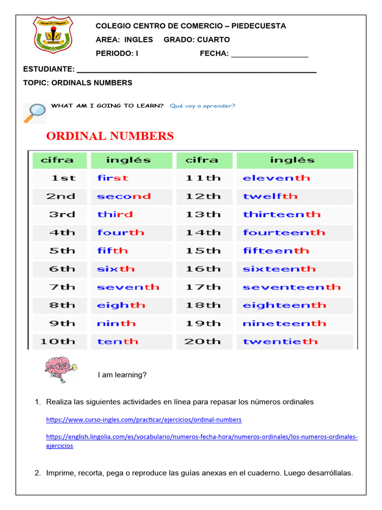 Ejercicios de Números Ordinales en Inglés | PDF