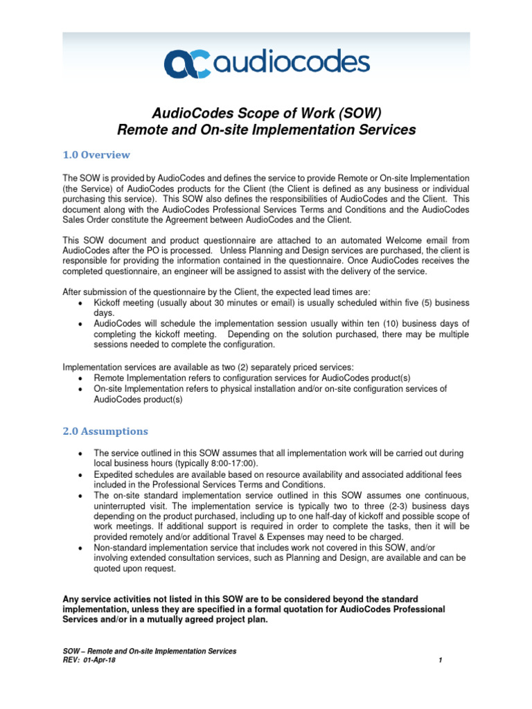 AudioCodes Implementation SOW Rev02 | PDF | Computer Network | Session Initiation Protocol