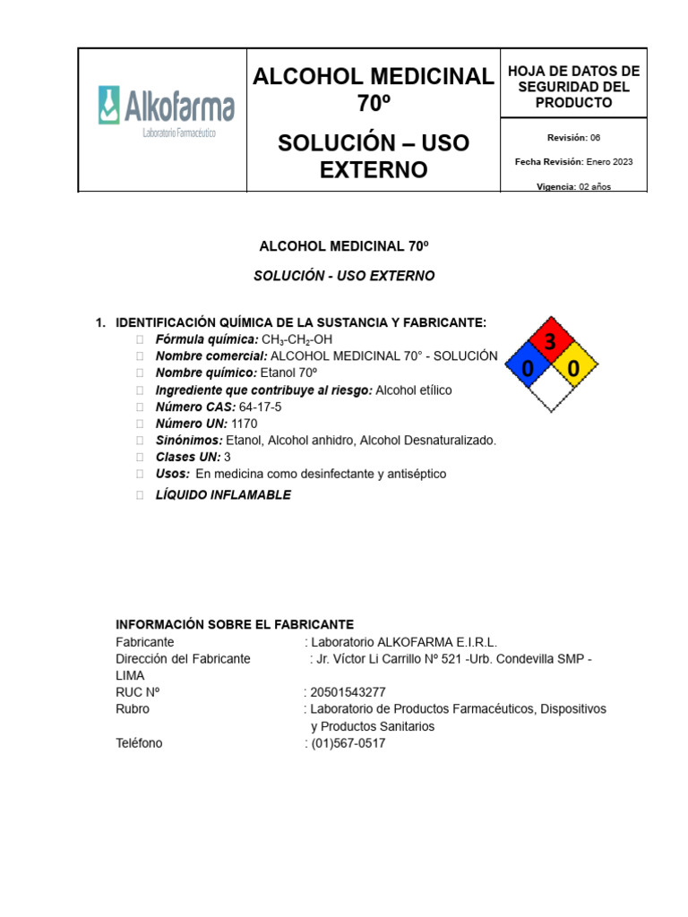 Alcohol 70º Solucion Msds Rev 6 | PDF | Etanol | Agua