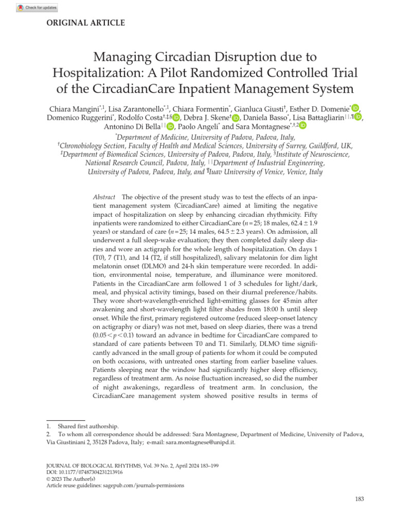 Mangini Et Al 2023 Managing Circadian Disruption Due To Hospitalization ...