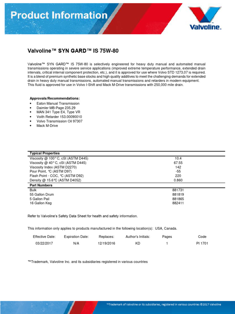 Valvoline Syn Gard Is 75w 80 Bulk | PDF | Viscosity