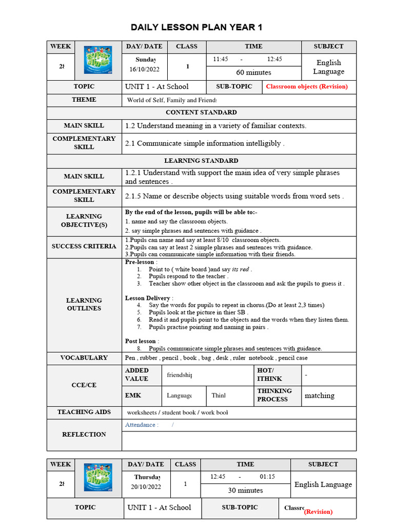 Year 1 Daily English Lesson Plans | PDF | Lesson Plan | English Language