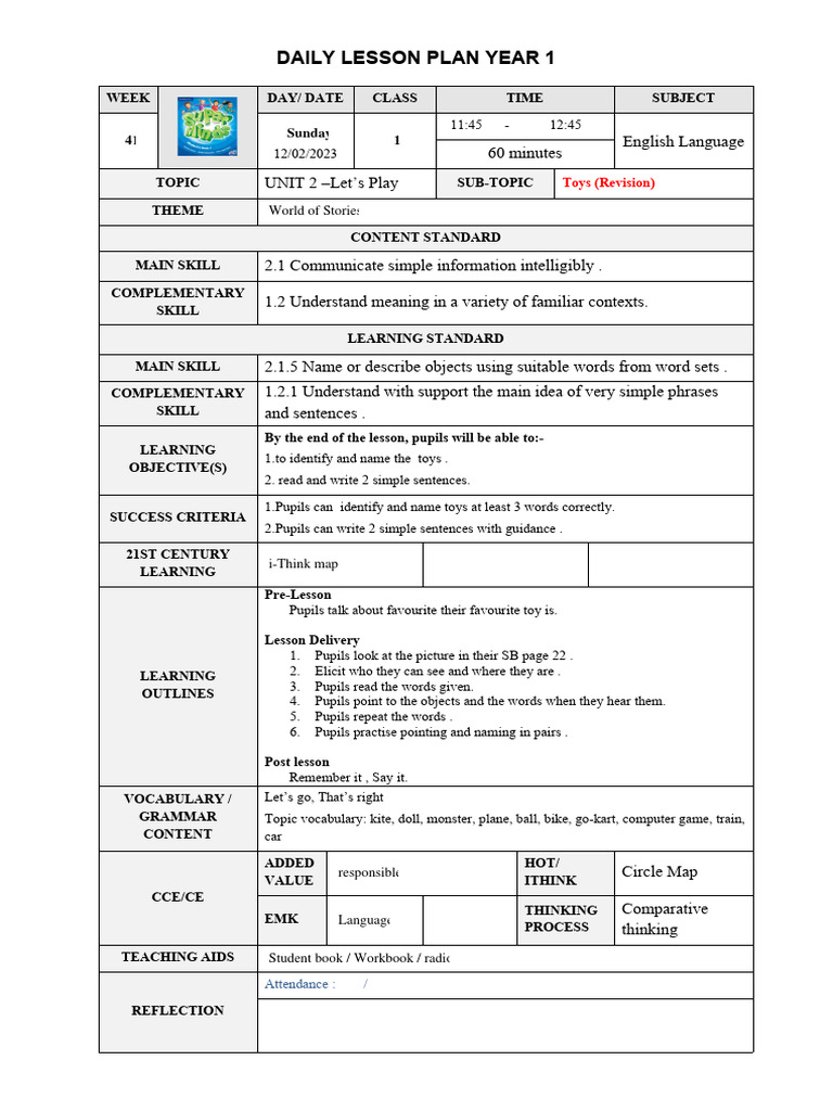 Year 1 English: Let's Play with Toys | PDF | Lesson Plan | Learning