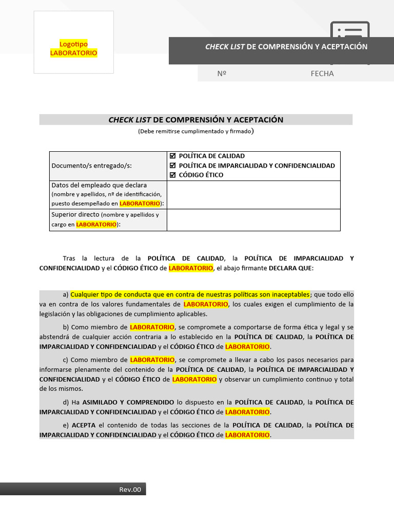 R-XX_Checklist_de_comprensión_y_aceptación_(SIN_SOFIDYA) | PDF | Laboratorios