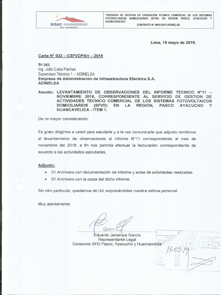 Carta N 033 PAH - Levantamiento de OBS Informe 11 Noviembre | PDF