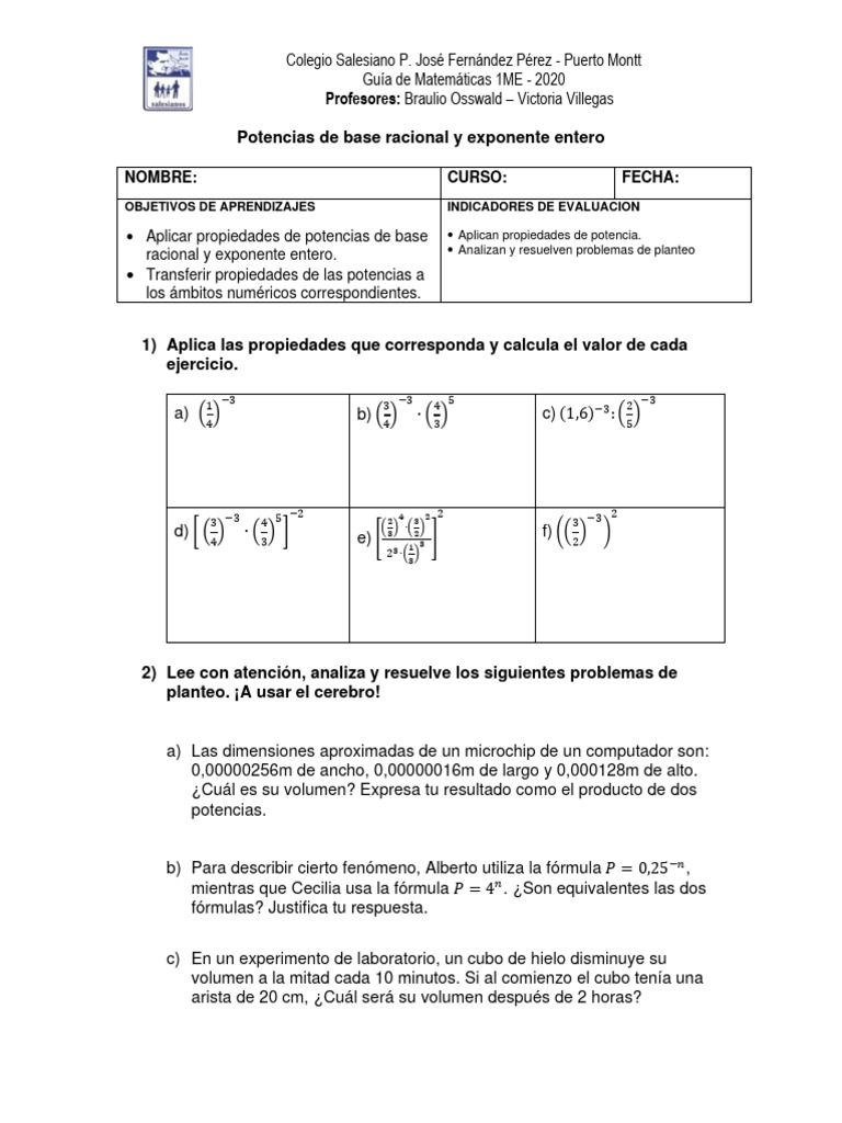Guía 1ME - Potencias Con Base Racional y Exponente Entero | PDF ...