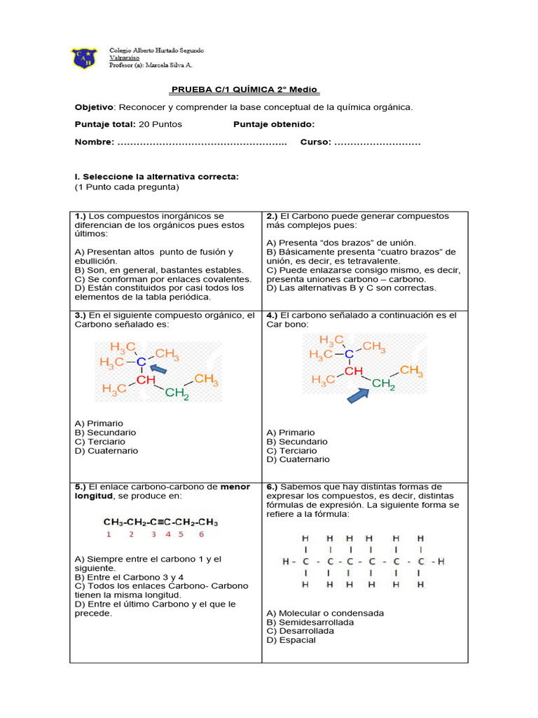 Prueba Quim 2 Medio, 2023 | PDF | El plastico | Alqueno