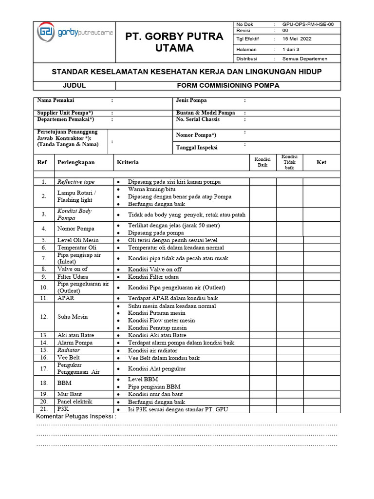 Formulir Commissioning Pompa | PDF