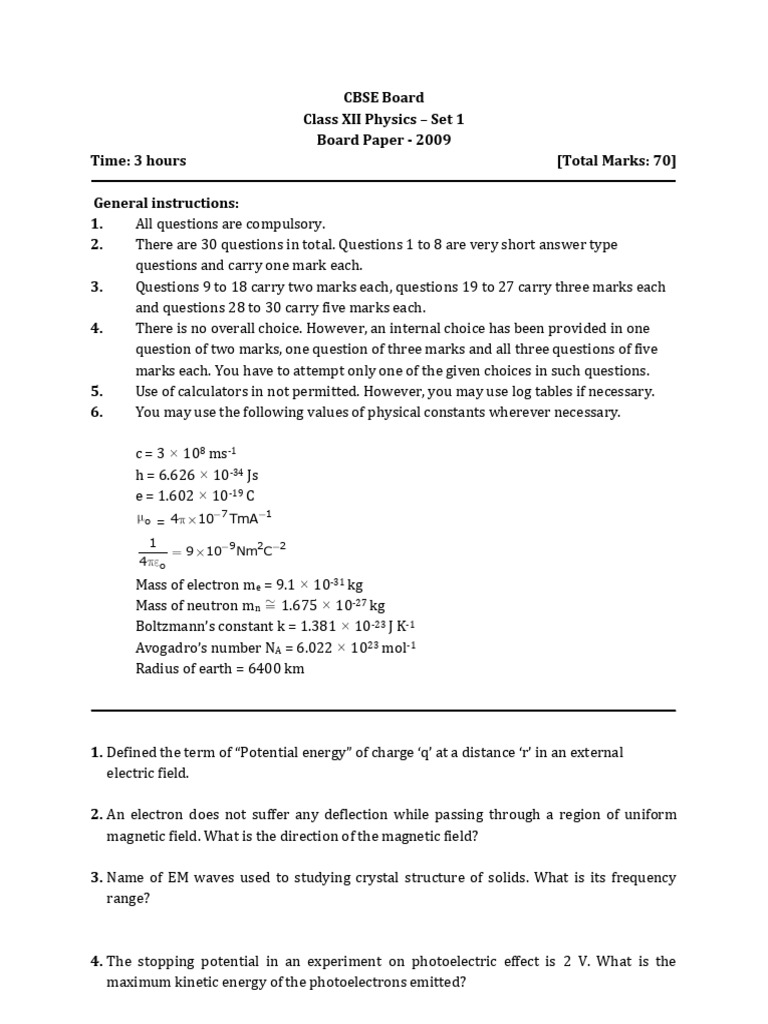 2009 Physics Board Paper | PDF | Capacitor | Electromagnetic Induction