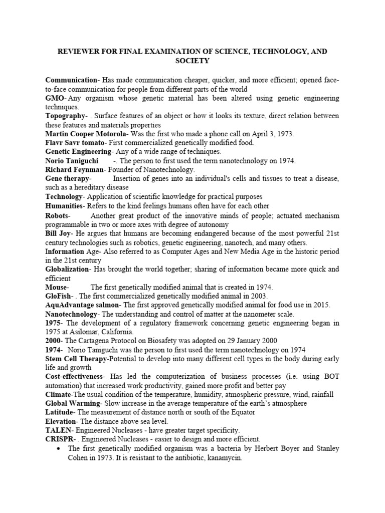 STS Finals Reviewer Guide | PDF | Genetic Engineering | Genetically Modified Food