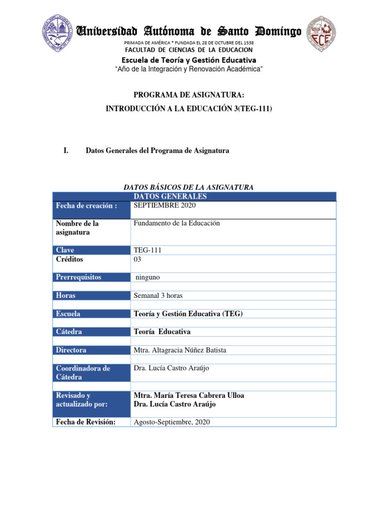 Teg-111 Fundamentos de La Educacion. Programa | PDF | Maestros | Pedagogía
