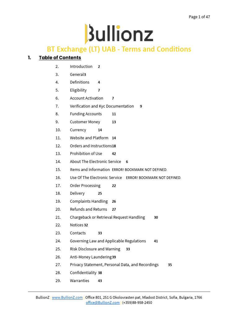 Bullionz BT Exchange UAB Terms and Conditions | PDF | Online Shopping ...