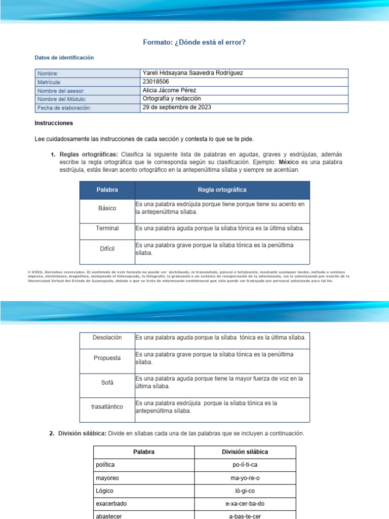 Saavedra - Yareli - Dónde Está El Error | PDF | Sílaba | Palabra