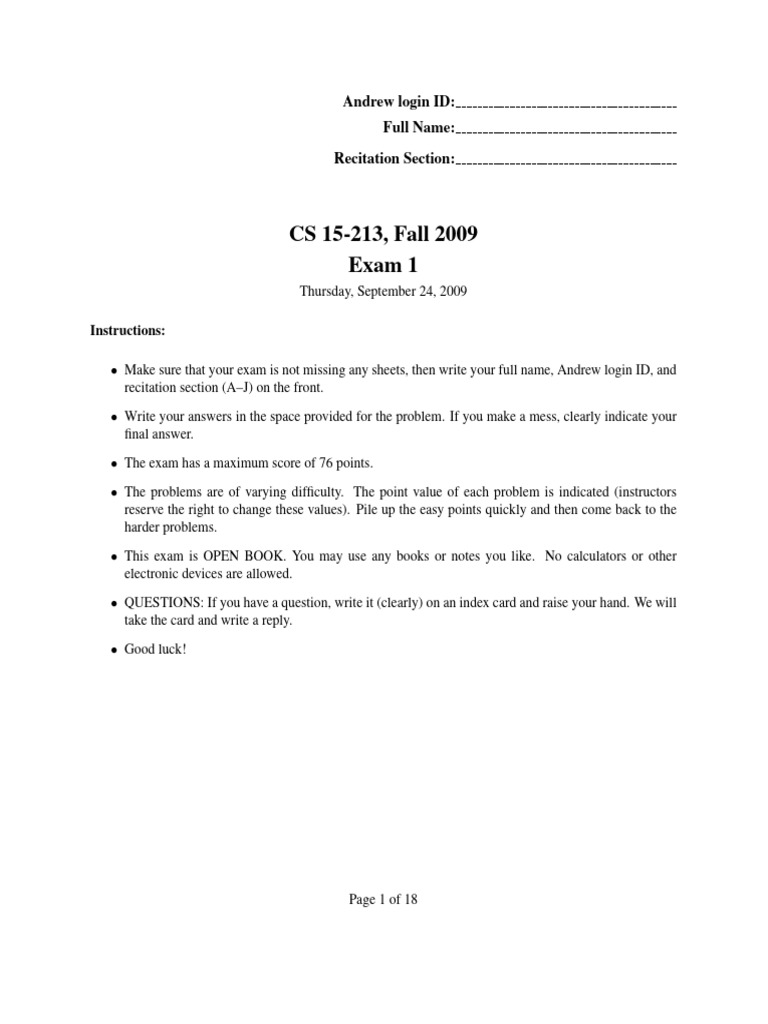 Exam1 F09 V1 Pdf Pointer Computer Programming Integer Computer Science