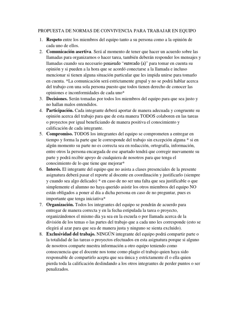 PROPUESTA DE NORMAS DE CONVIVENCIA PARA TRABAJAR EN EQUIPO | PDF PROPUESTA DE NORMAS DE CONVIVENCIA PARA TRABAJAR EN EQUIPO | PDF