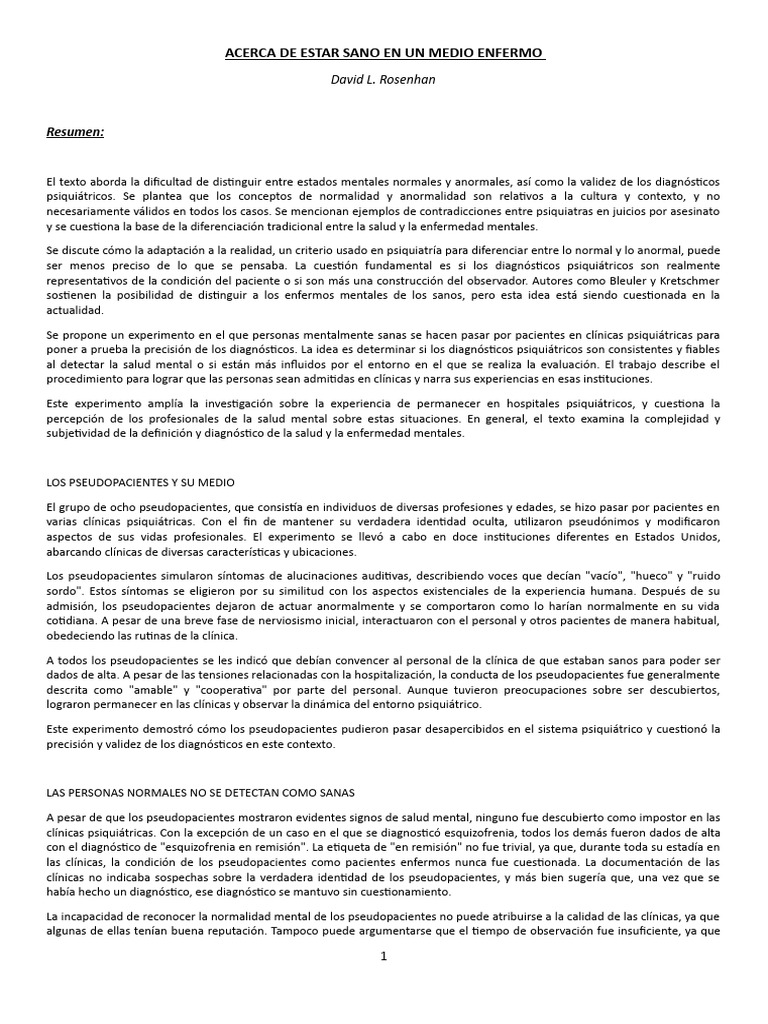 03 - Acerca de Estar Sano en Un Medio Enfermo - Rosenhan - RESUMEN ...