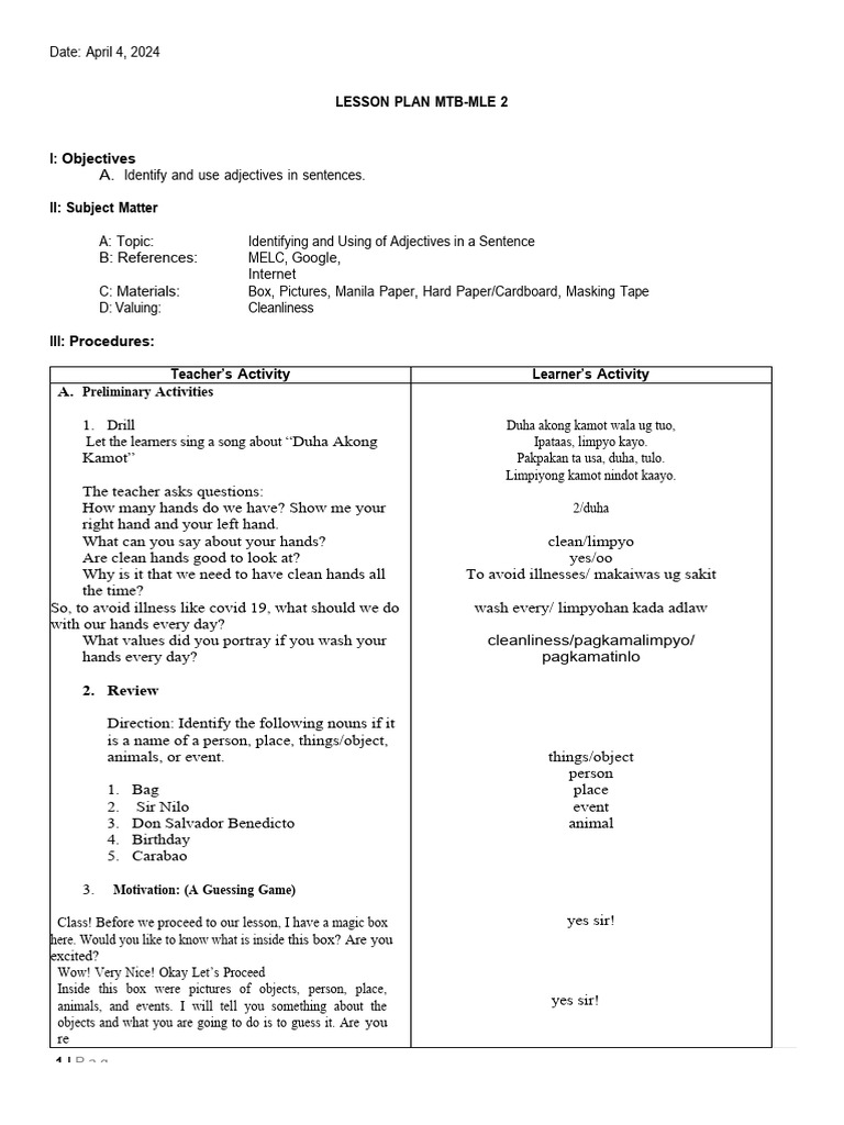 Lesson Plan MTB Mle 2 I Objectives | PDF | Linguistic Morphology | Linguistics