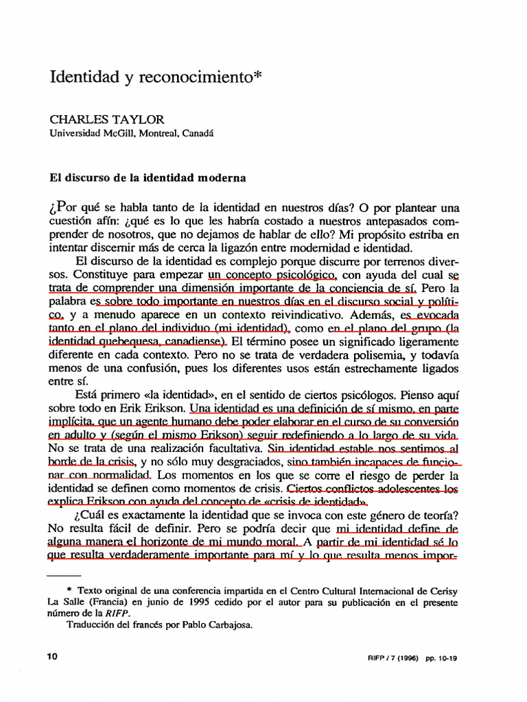 Identidad y Reconocimiento Charles Taylor | PDF