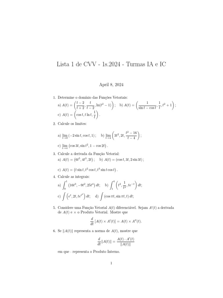 Lista 01 de CVV 1s 2024 | PDF | Derivado | Conceitos matemáticos