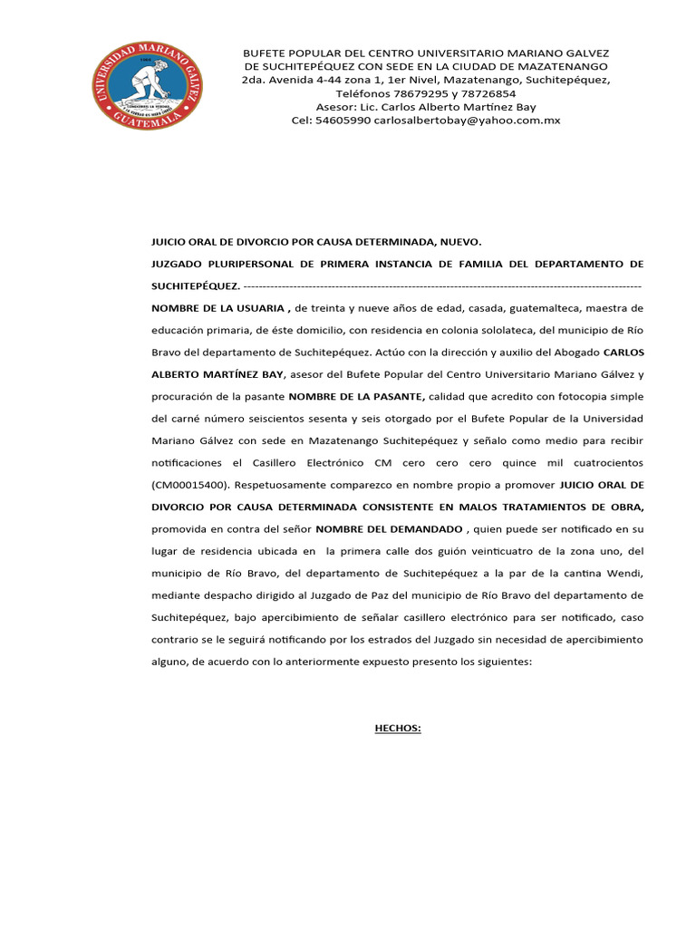 Juicio Oral de Divorcio Por Causa Determinada | PDF | Divorcio | Guatemala