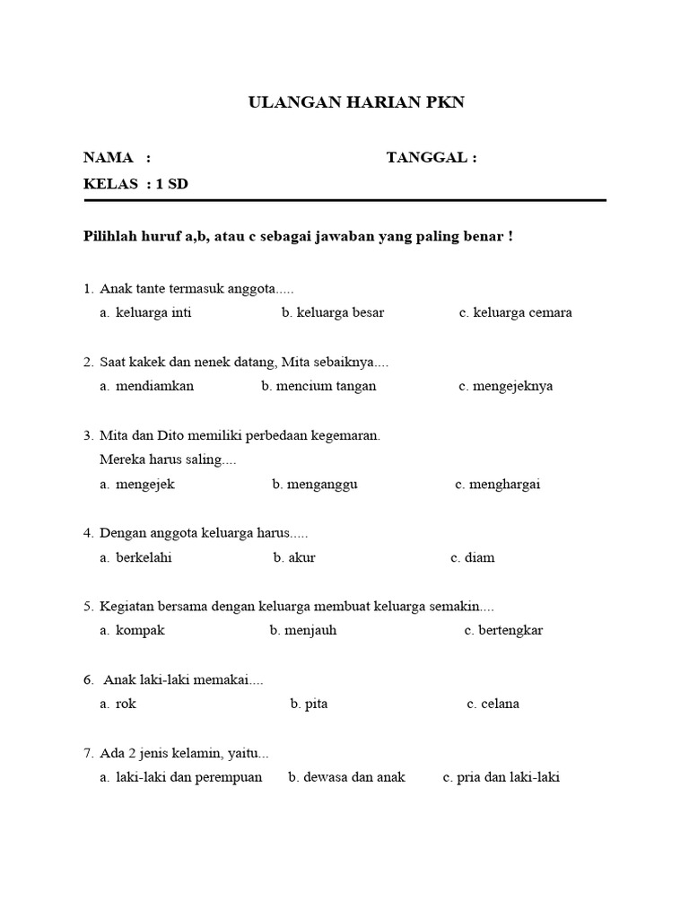 Soal Uh PKN Kelas 1 SD | PDF | Olahraga & Rekreasi