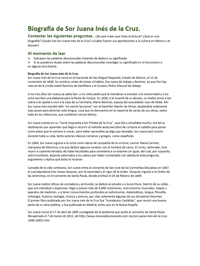 Biografía de Sor Juana Inés de La Cruz | PDF