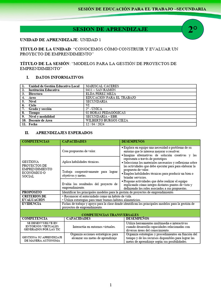 2°grado EPT - Sesión 4 - Unidad 1 - Modelos para La Gestión de Proyectos de Emprendimiento ...