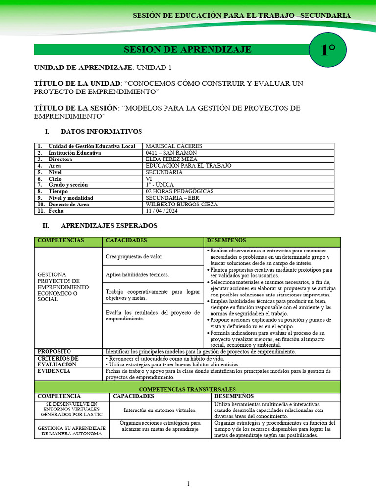 1°Grado EPT - Sesión 4 - Unidad 1 - Modelos para la Gestión de Proyectos de emprendimiento | PDF ...