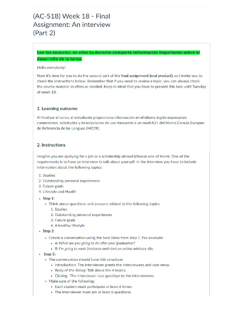 (AC-S18) Week 18 - Final Assignment. An Interview (Part 2) | PDF