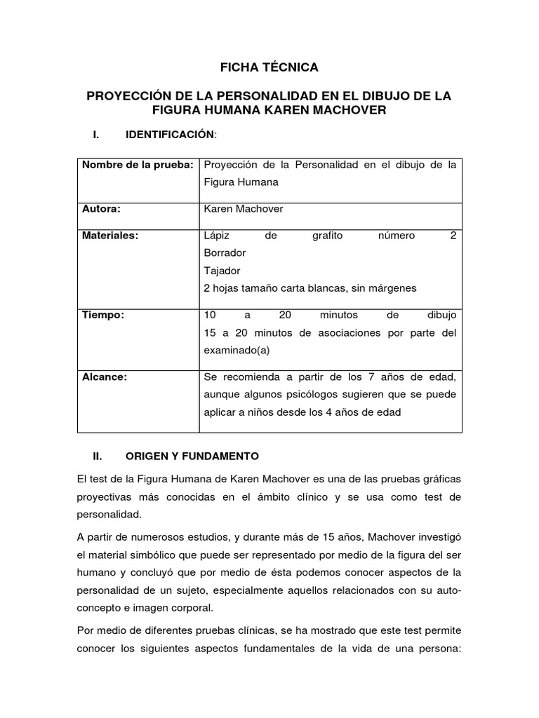 Ficha Técnica Test de La Figura Humana Karen Machover | PDF | Dibujo ...
