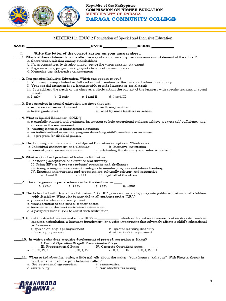 Midterm Exam: Special & Inclusive Education | PDF | Learning ...