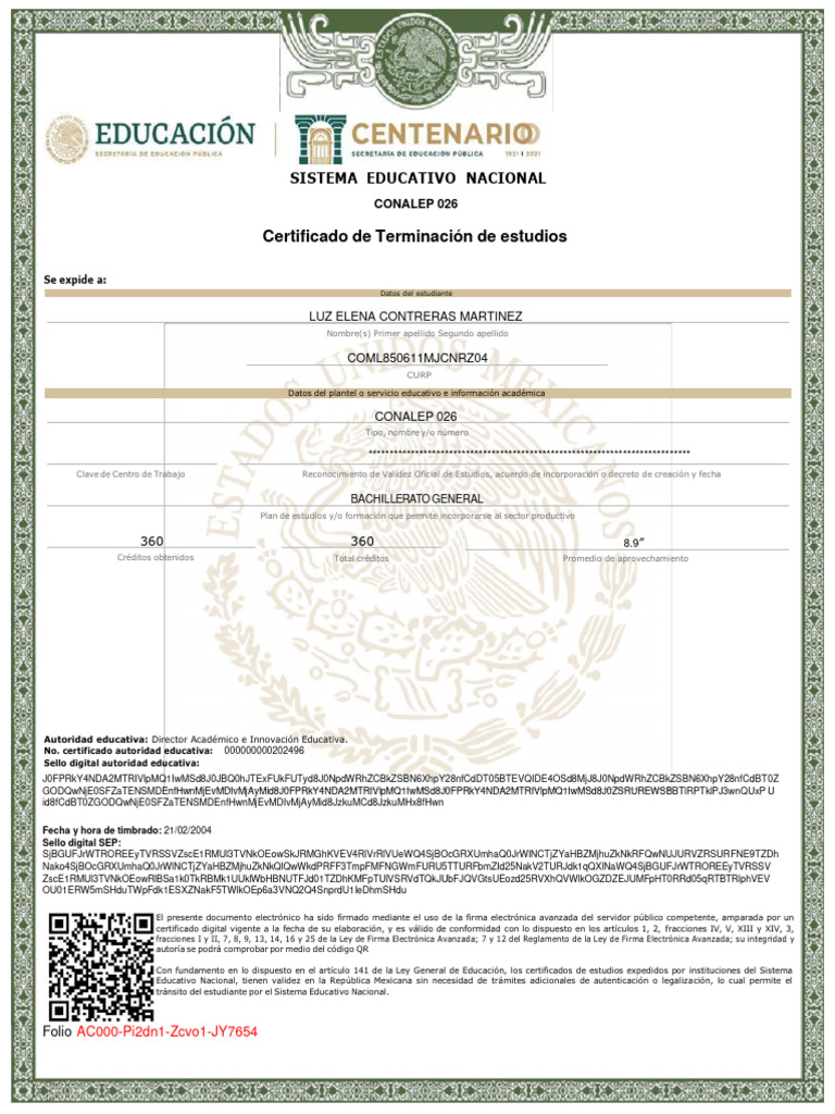 Certificado de Terminación CONALEP | PDF