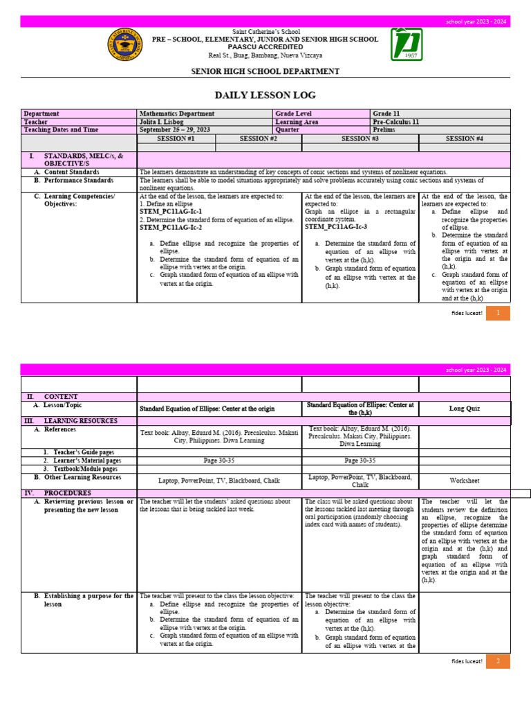 2023 DLL Pre-Calculus 11 Prelims W 4 | PDF | Ellipse | Cartesian ...