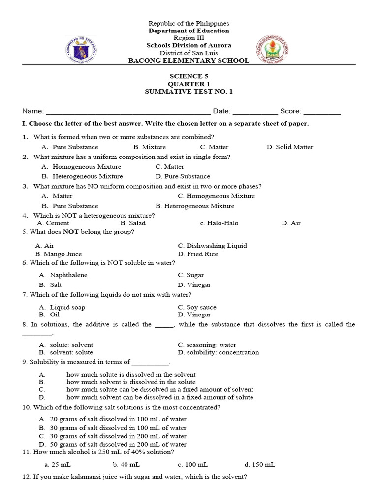 V1 SUMMATIVE TEST - SCIENCE 5 - Quarter 1 | PDF | Mixture | Suspension ...