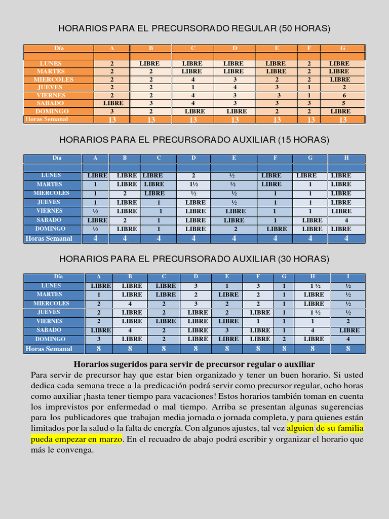 Horarios para Precursores JW | PDF