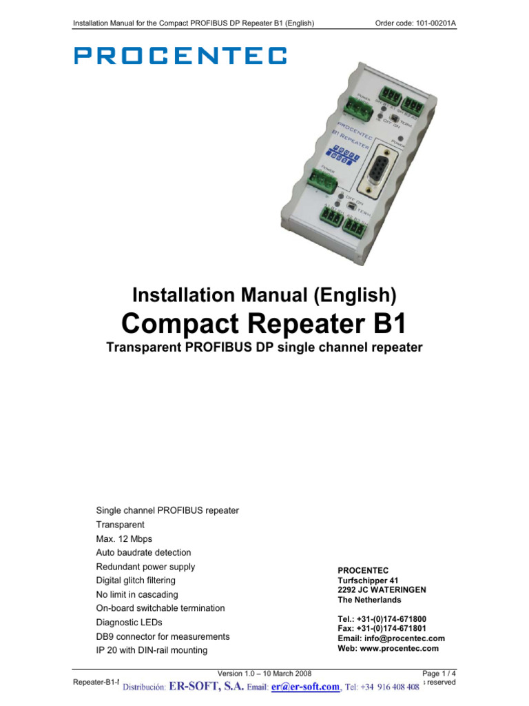 Procentec Profibus Repeater B1 Compact IP20 - 101 00201A | PDF ...
