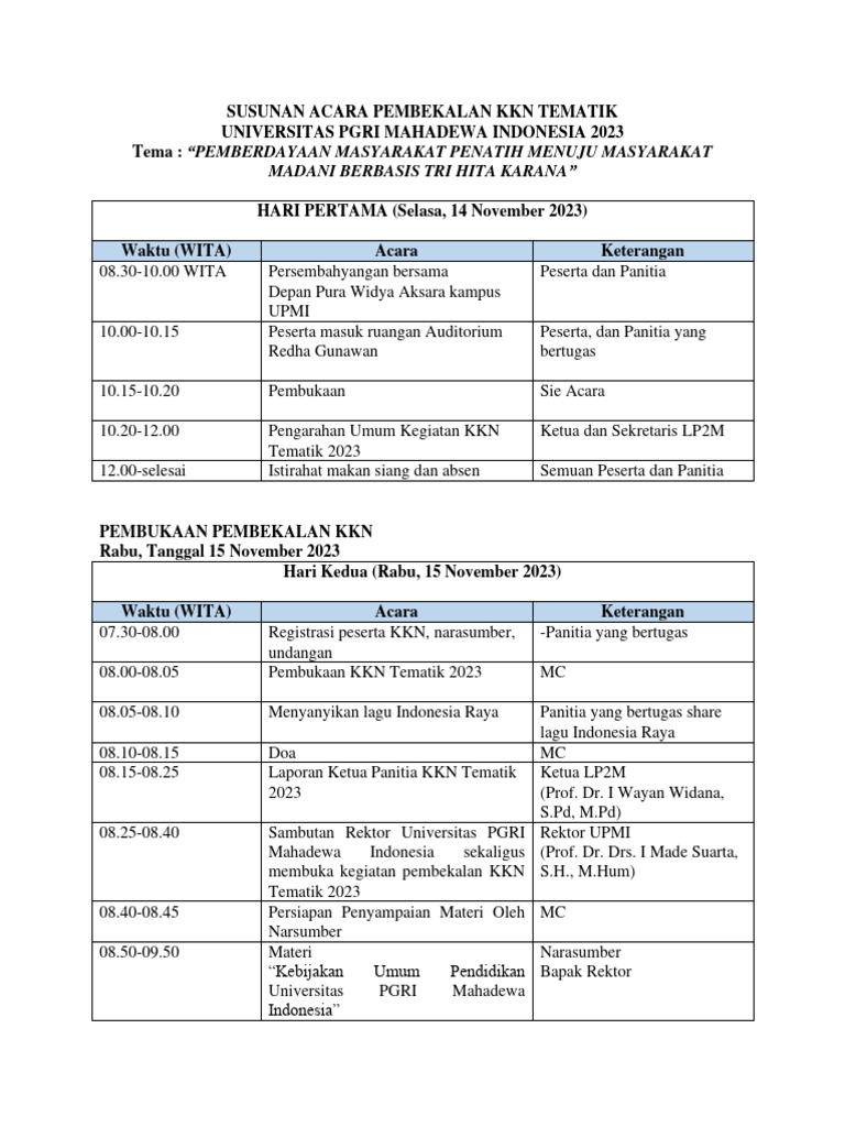 Susunan Acara Pembekalan KKN 2023 | PDF