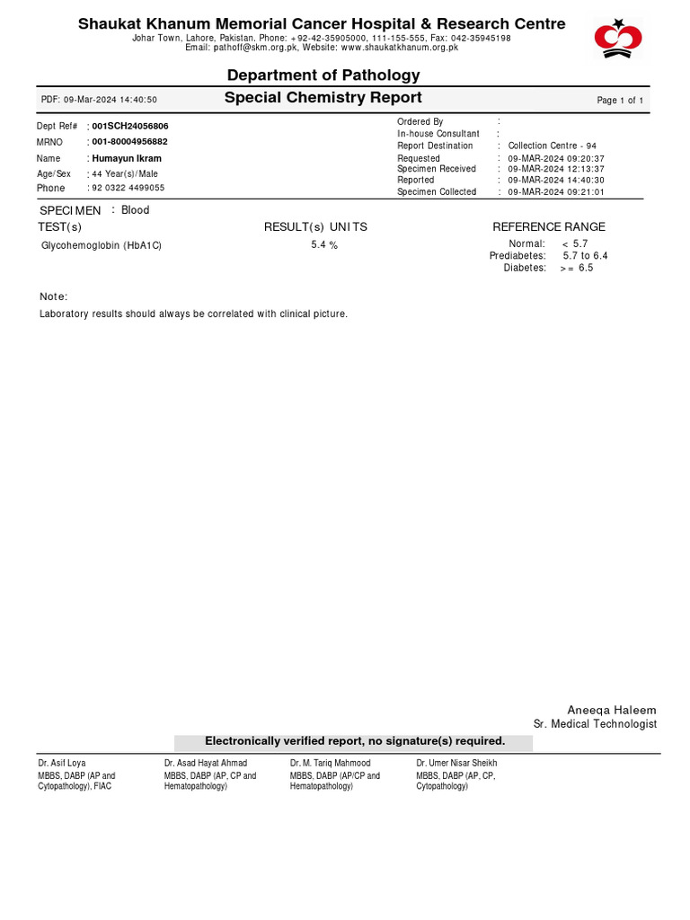 Special Chemistry Report: HbA1C Test | PDF | Medicine | Health Care