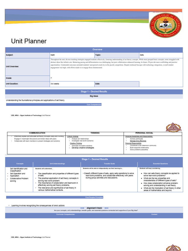CED MSUIIT Integer Unit Planner | PDF | Set (Mathematics) | Theory