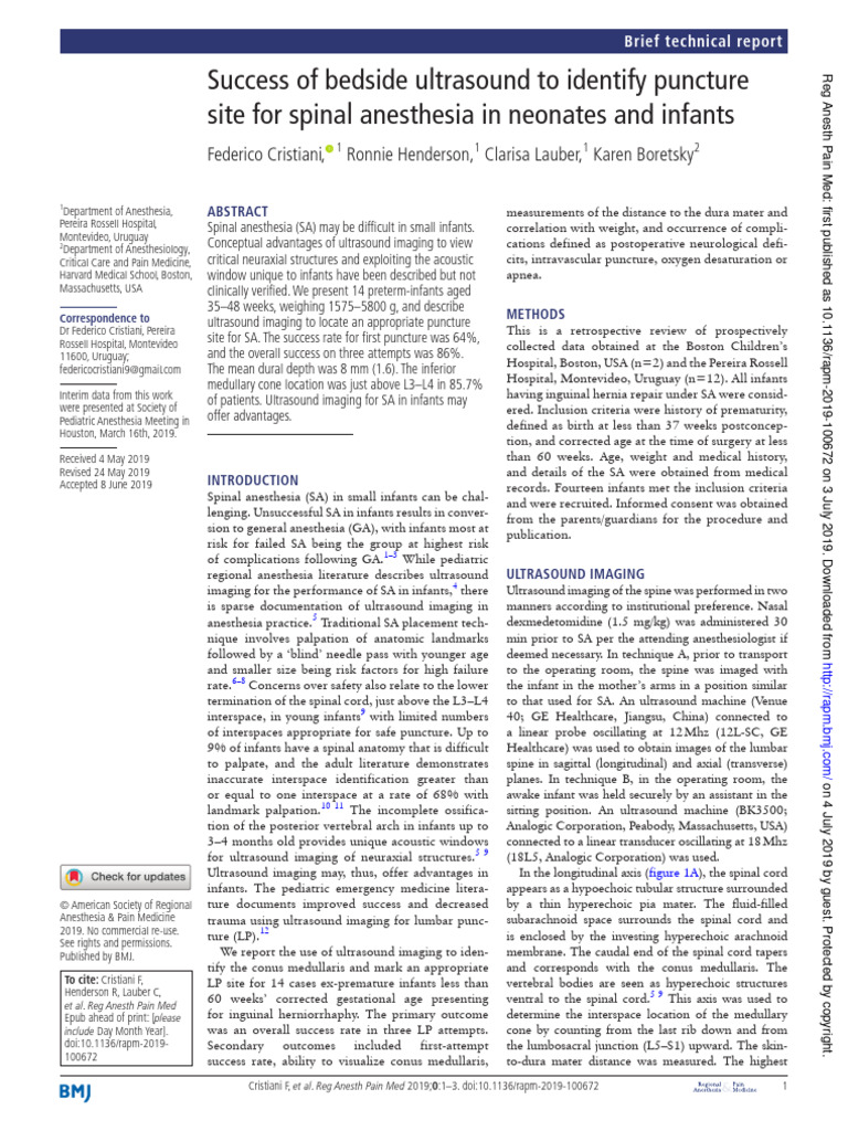 Success of bedside ultrasound to identify puncture site for spinal ...