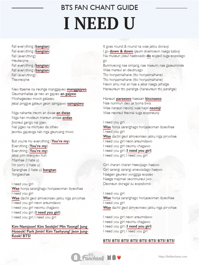 Bts Ineedu Lyrics Fanchant - 240412 - 194256 | PDF | Music Award ...