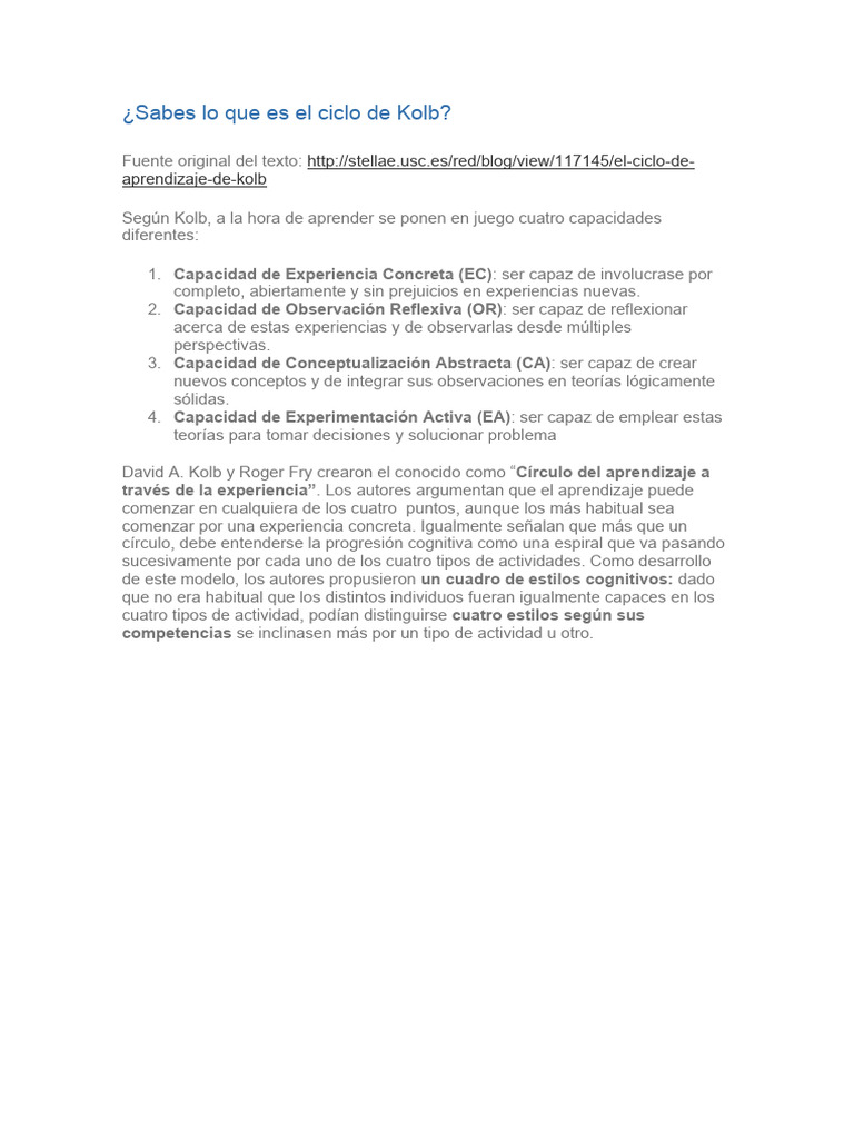 CICLO DE KOLB | PDF | Aprendizaje | Experiencia