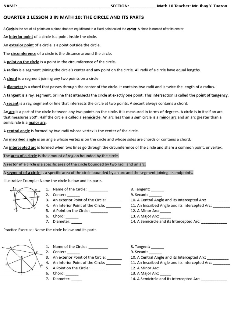 Circle Geometry: Parts and Definitions | PDF | Circle | Angle