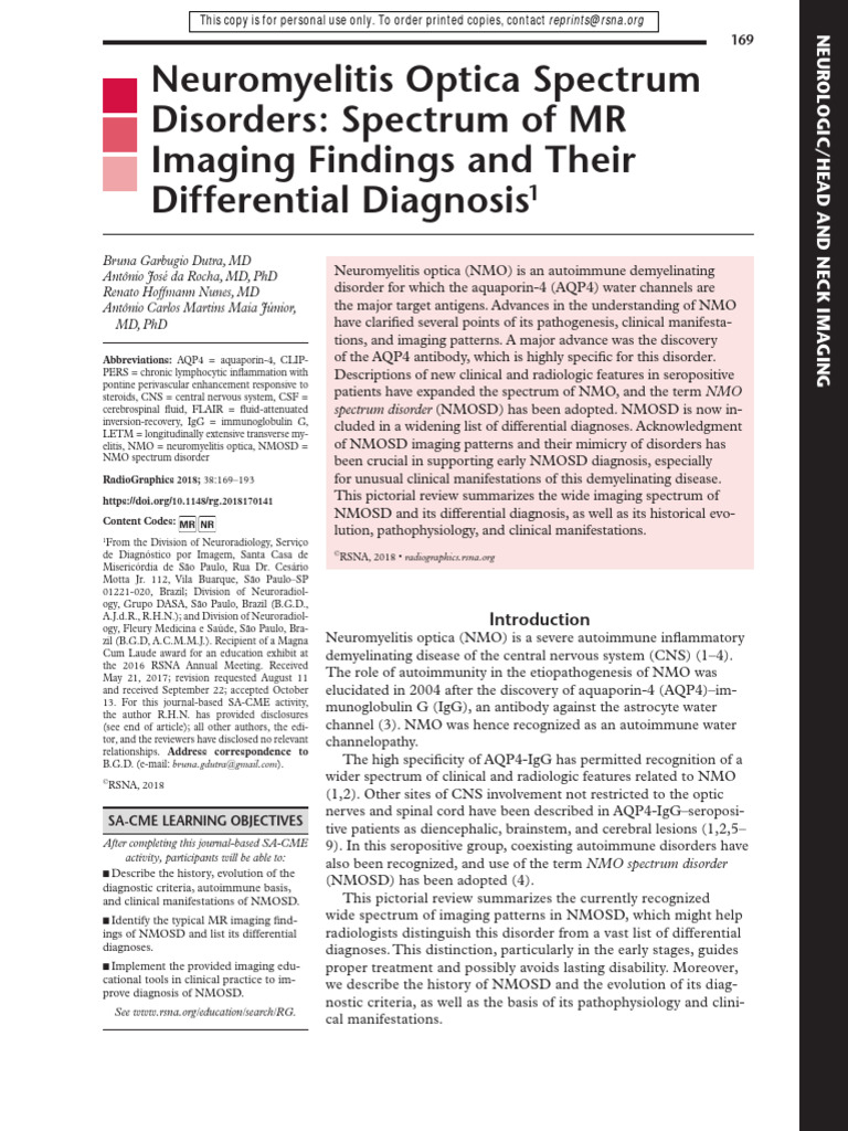Spectrum Nmo | PDF | Multiple Sclerosis | Central Nervous System